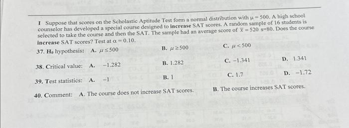 Solved I Suppose that scores on the Scholastic Aptitude Test | Chegg.com