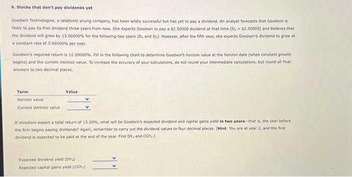 Solved 9. Stocks that don't pay dividends yet Goodwin | Chegg.com