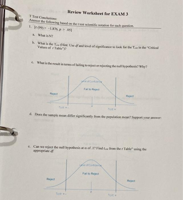 Solved Review Worksheet for EXAM 3 T Test Conclusions: | Chegg.com