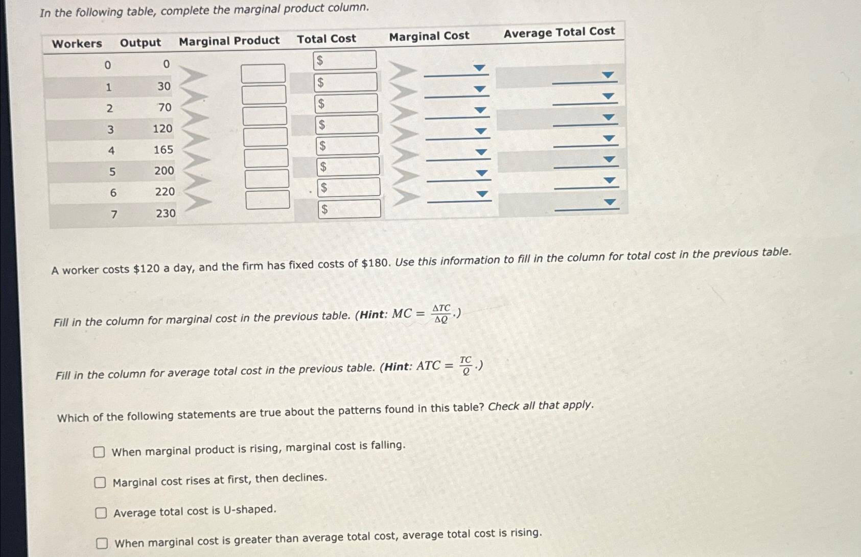 Solved In the following table, complete the marginal product | Chegg.com