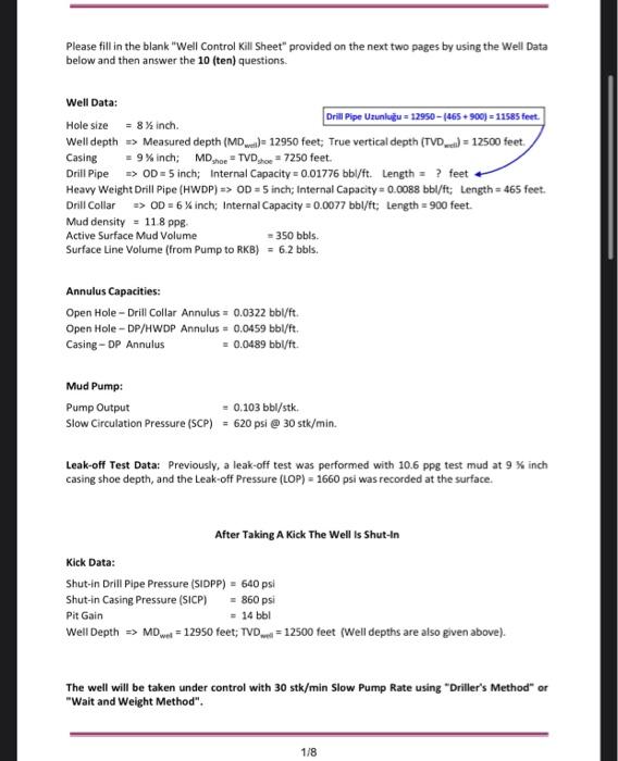 Solved Please fill in the blank "Well Control Kill Sheet" | Chegg.com