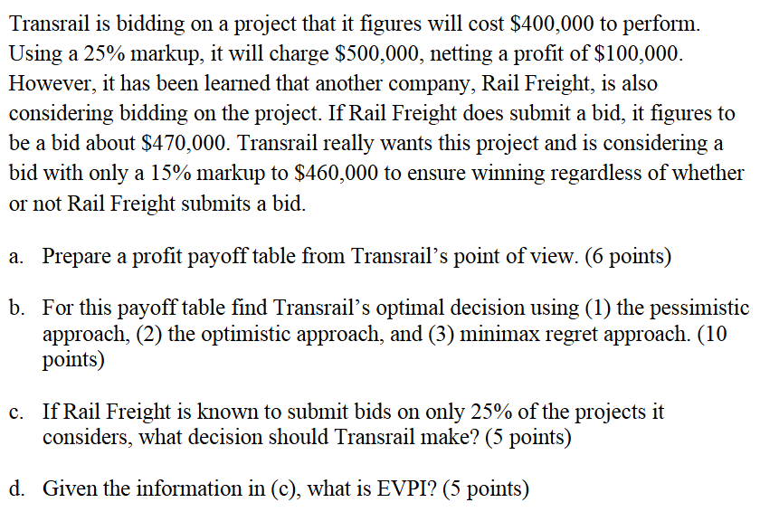 Solved Transrail is bidding on a project that it figures | Chegg.com