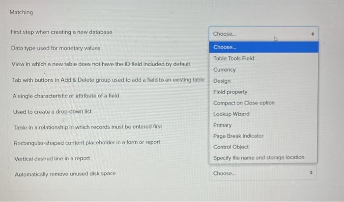 Solved Matching First step when creating a new database | Chegg.com