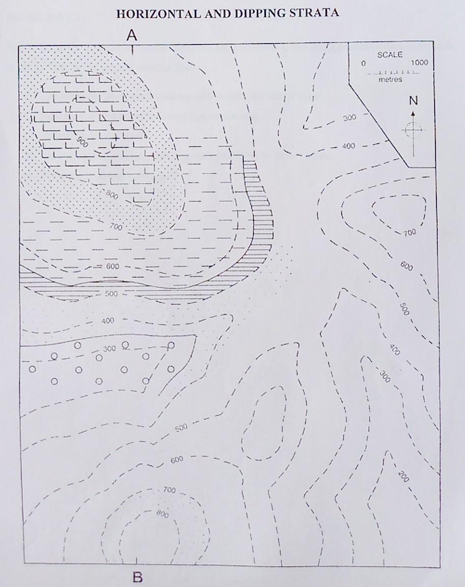 Solved HORIZONTAL AND DIPPING STRATA А 0 SCALE 1000 LILILL | Chegg.com