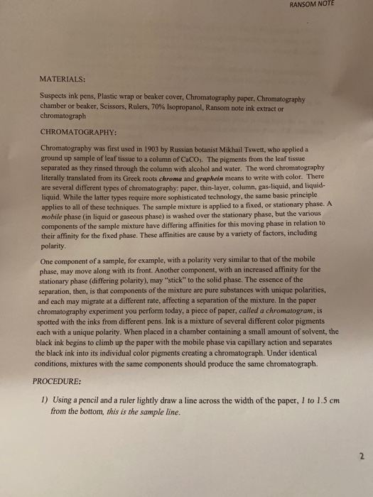 RANSOM NOTE URGENT: Immediate Chromatographic | Chegg.com