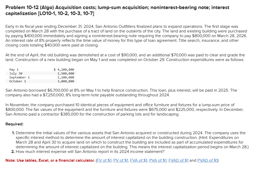 Solved Problem 10-12 (Algo) ﻿Acquisition costs; lump-sum | Chegg.com