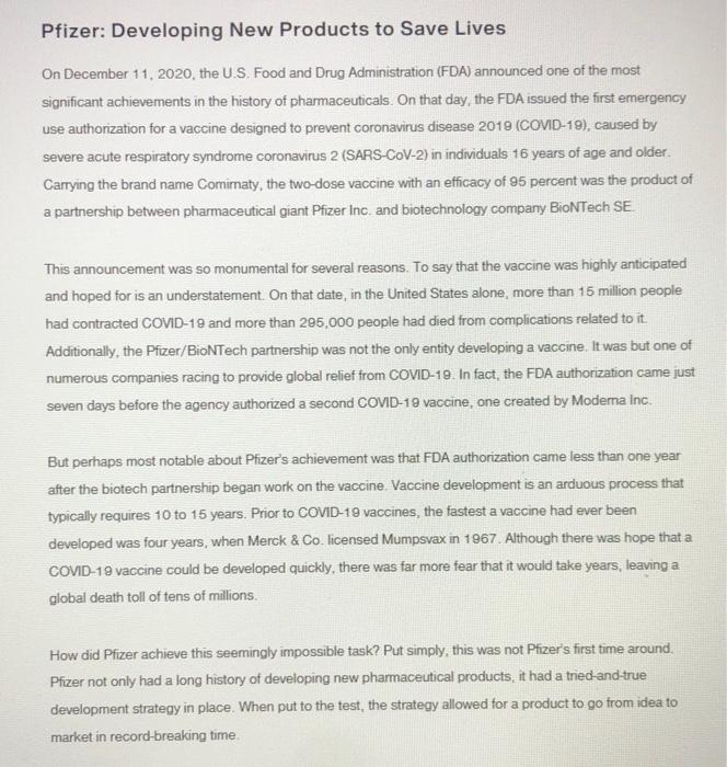 Solved Pfizer: Developing New Products to Save Lives On | Chegg.com
