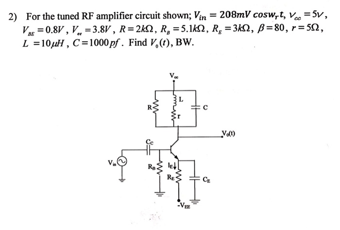 Solved 2) For the tuned RF amplifier circuit shown; Vin = | Chegg.com