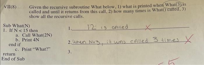 Solved VII(8) Given the recursive subroutine What below, 1) | Chegg.com