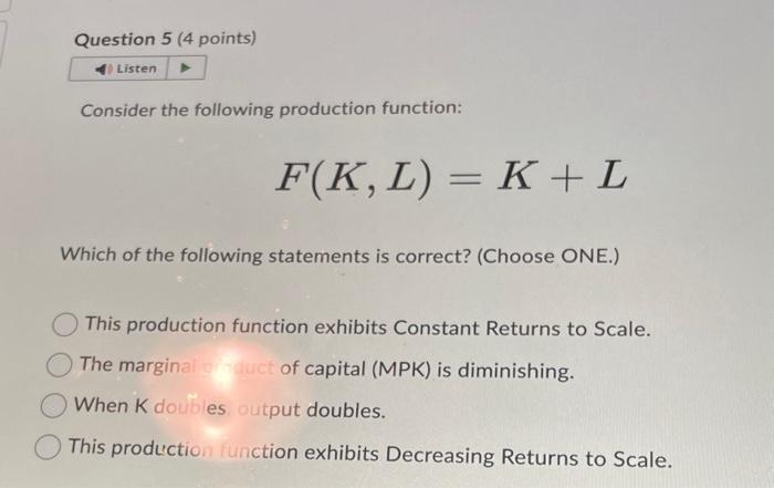 Solved Consider The Following Production Function