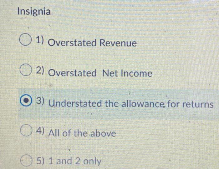 Solved Insignia O 1) Overstated Revenue 2) Overstated Net | Chegg.com