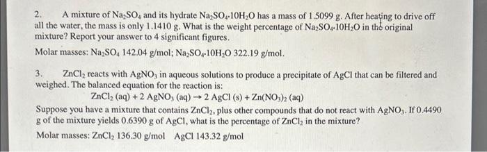 Solved 2. A mixture of Na2SO4 and its hydrate Na2SO4⋅10H2O | Chegg.com