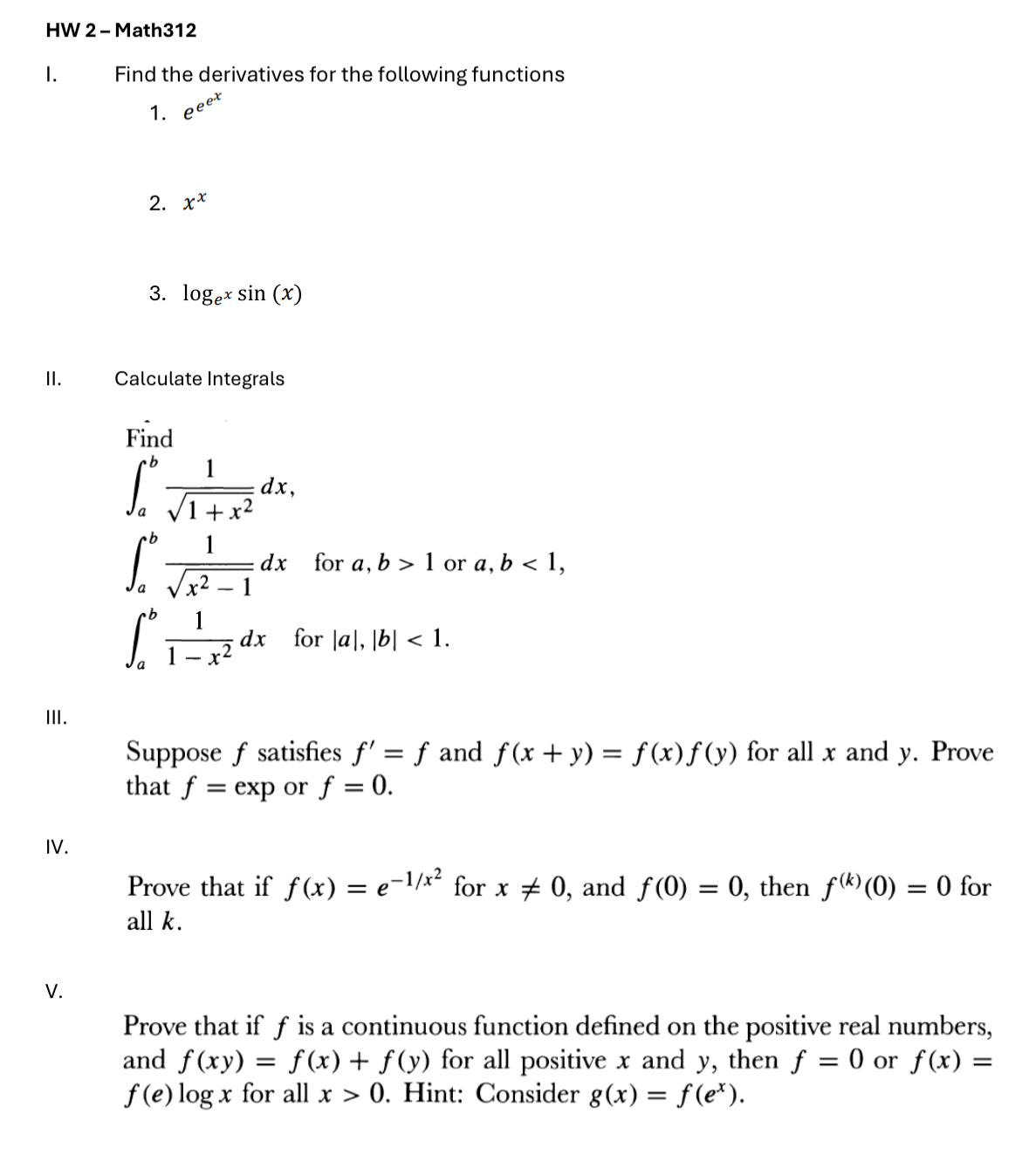 Solved HW 2 - ﻿Math312I. Find the derivatives for the | Chegg.com