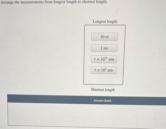 Solved Arrange the measurements from longest length to | Chegg.com
