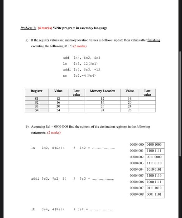 Solved Problem 2: (4 marks) Write program in assembly | Chegg.com