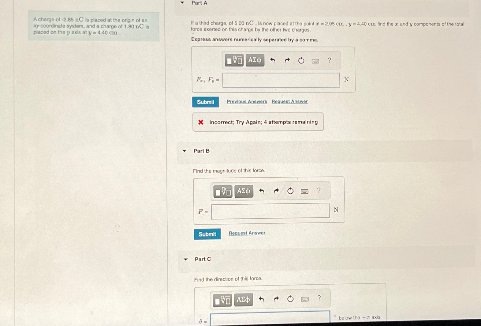 Solved Part AA charge of -2.85nC ﻿is placed at the origin of | Chegg.com