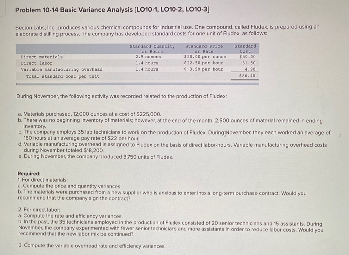 Solved Problem 10-14 Basic Variance Analysis (L010-1, | Chegg.com