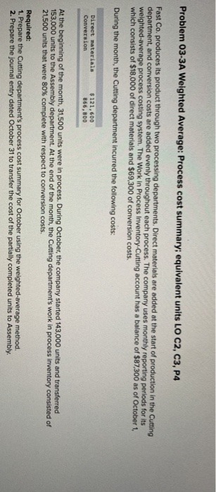 Solved Problem 03-3A Weighted Average: Process cost summary; | Chegg.com