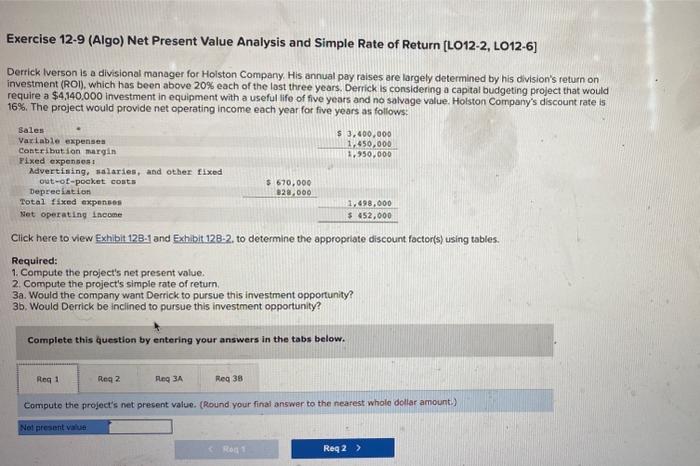 Solved Exercise 12-9 (Algo) Net Present Value Analysis and | Chegg.com