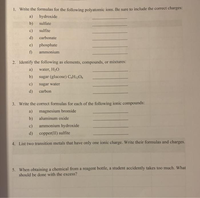 Solved 1. Write the formulas for the following polyatomic | Chegg.com