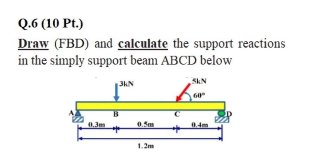 Solved Q.6 (10 Pt.) Draw (FBD) and calculate the support | Chegg.com