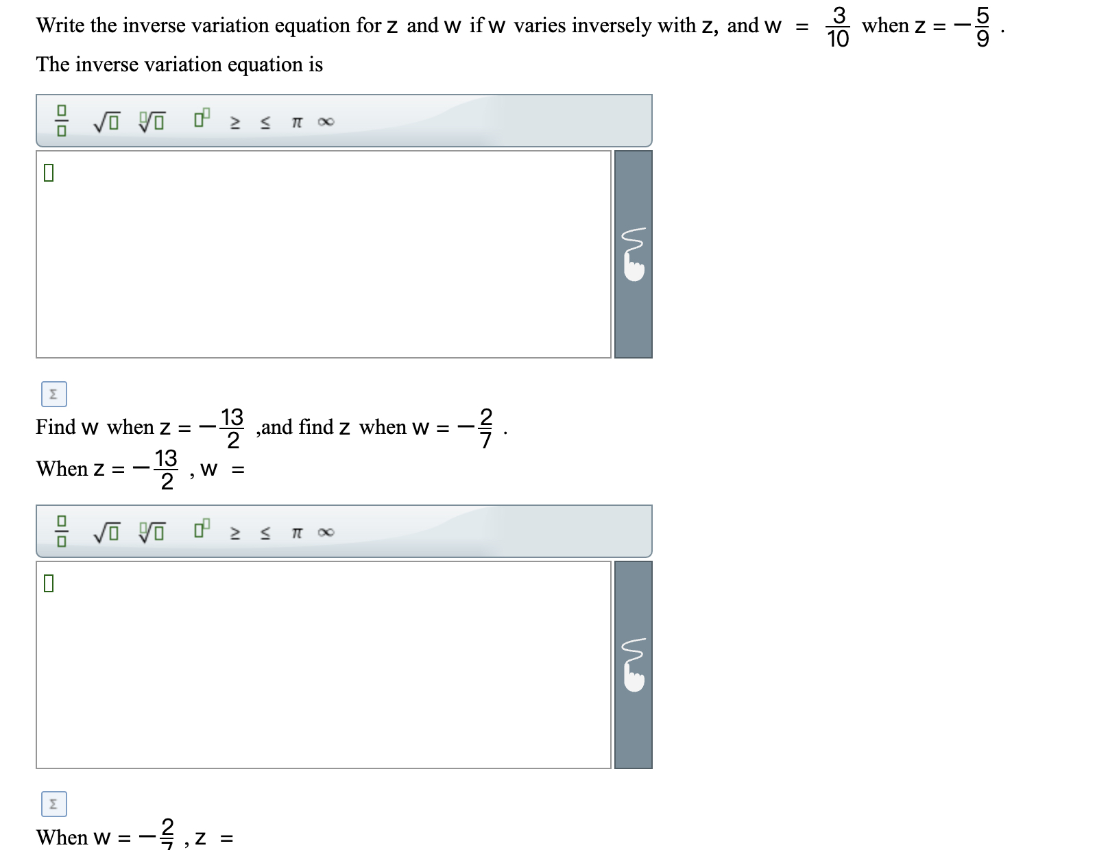 Solved Write the inverse variation equation for z ﻿and w ﻿if | Chegg.com