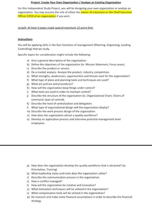 Solved Project: Create Your Own Organization / Analyze an | Chegg.com