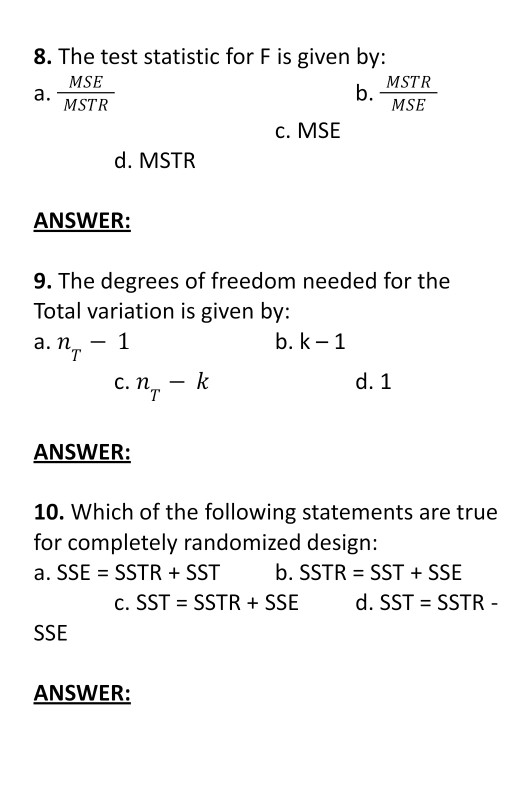 Solved 8. The test statistic for F is given by: MSE MSTR a. | Chegg.com