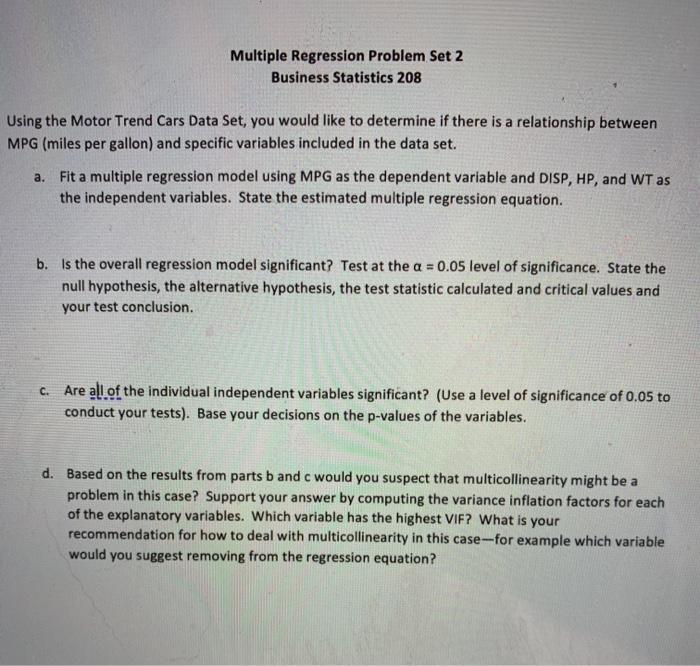 Solved Multiple Regression Problem Set 2 Business Statistics | Chegg.com