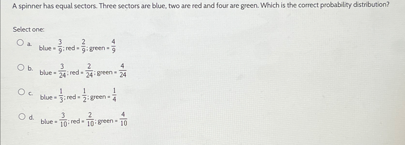 Solved A spinner has equal sectors. ﻿Three sectors are blue, | Chegg.com