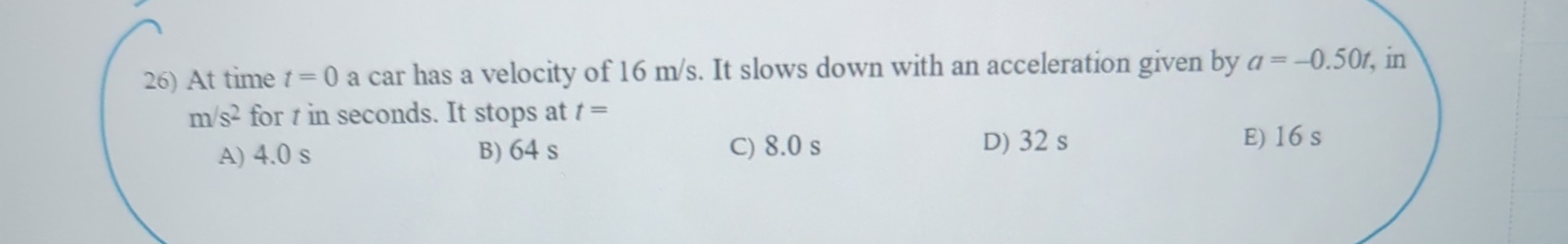 Solved At time t=0 ﻿a car has a velocity of 16ms. ﻿It slows | Chegg.com