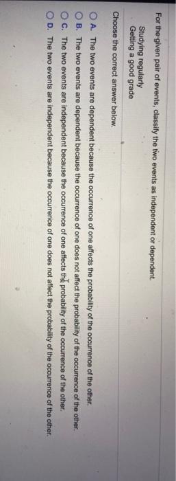 Solved For the given pair of events, classify the two events | Chegg.com