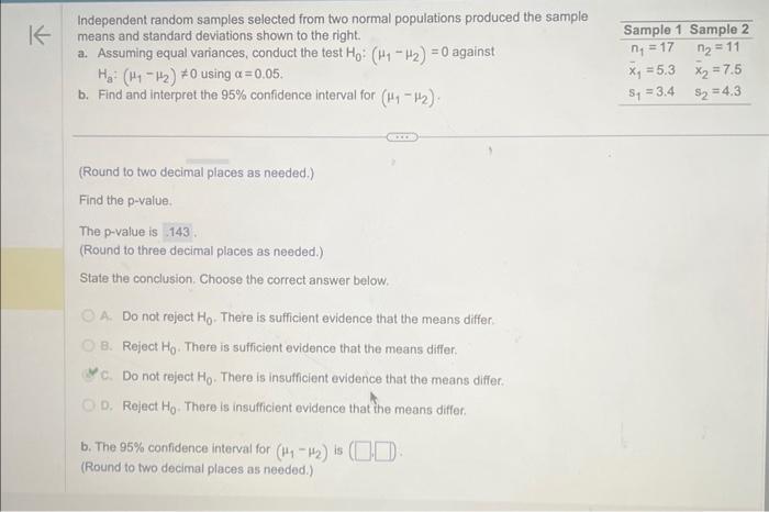 Solved Independent random samples selected from two normal | Chegg.com