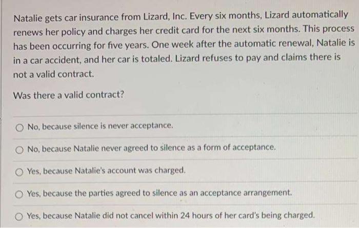 Solved Natalie gets car insurance from Lizard, Inc. Every | Chegg.com