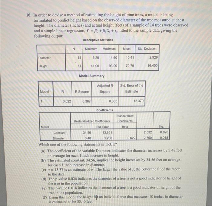 Solved 10. In order to devise a method of estimating the | Chegg.com