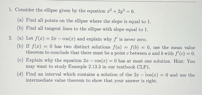 Solved 1. Consider the ellipse given by the equation x² + | Chegg.com