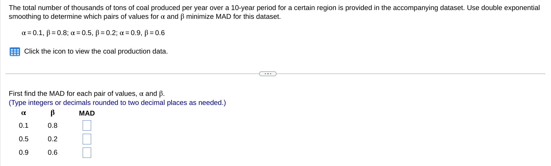 Solved First find the MAD for each pair of values, \alpha | Chegg.com