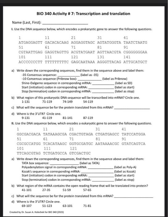 Solved BIO 340 Activity \# 7: Transcription and translation | Chegg.com