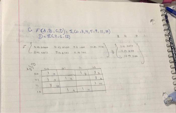 Solved CF(A,B,C,D)=∑(0,3,4,5,9,11,14)D=Σ(2,6,12){0⇒00004⇒010 | Chegg.com