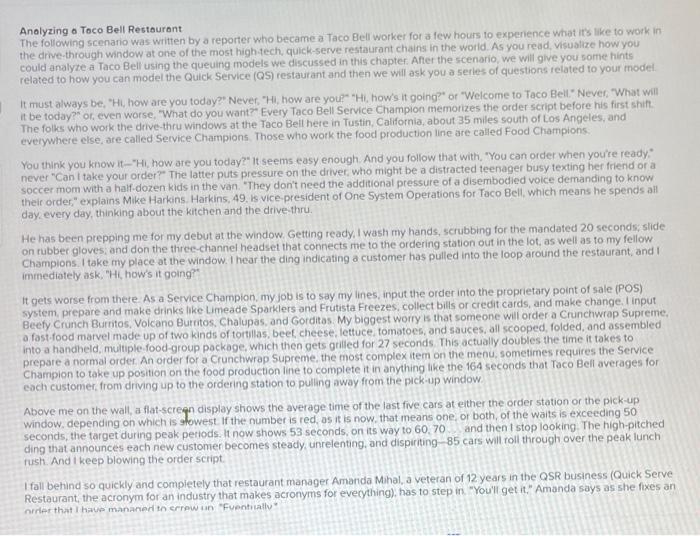 Solved Analyzing a Taco Bell Restaurant The following | Chegg.com