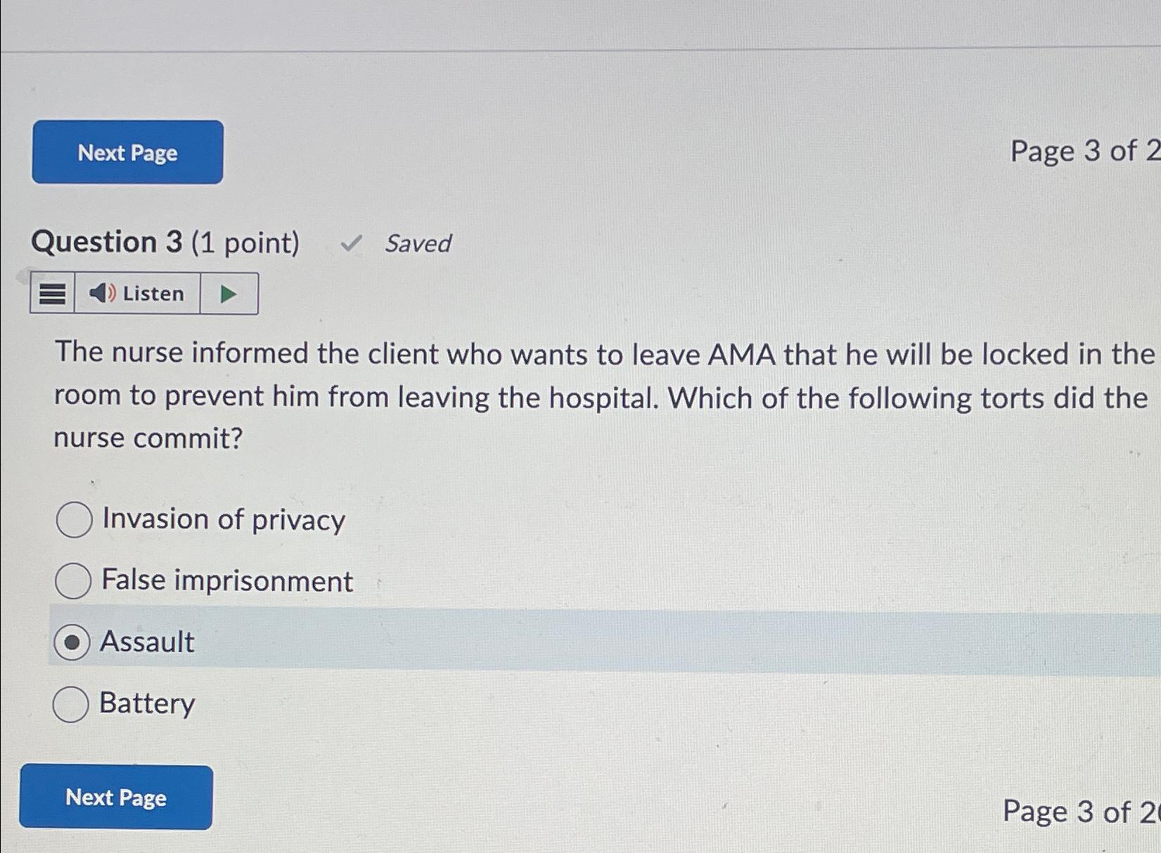 Solved Page 3 ﻿of 2Question 3 (1 ﻿point) ﻿SavedThe nurse | Chegg.com