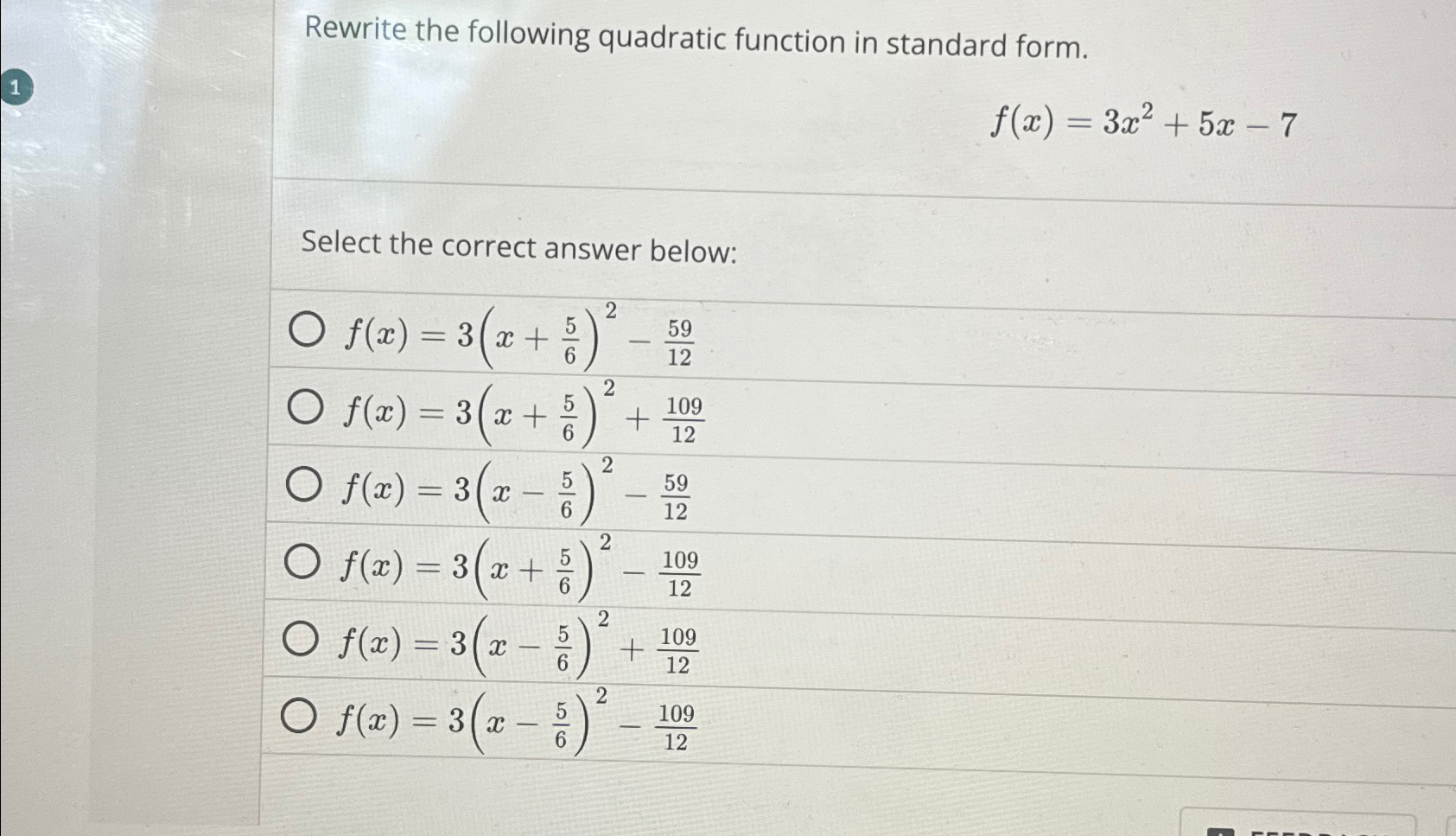 Solved Rewrite the following quadratic function in standard | Chegg.com