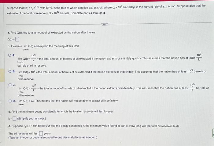 Solved Suppose that r(t)=r0e−kt, with k>0, is the rate at | Chegg.com