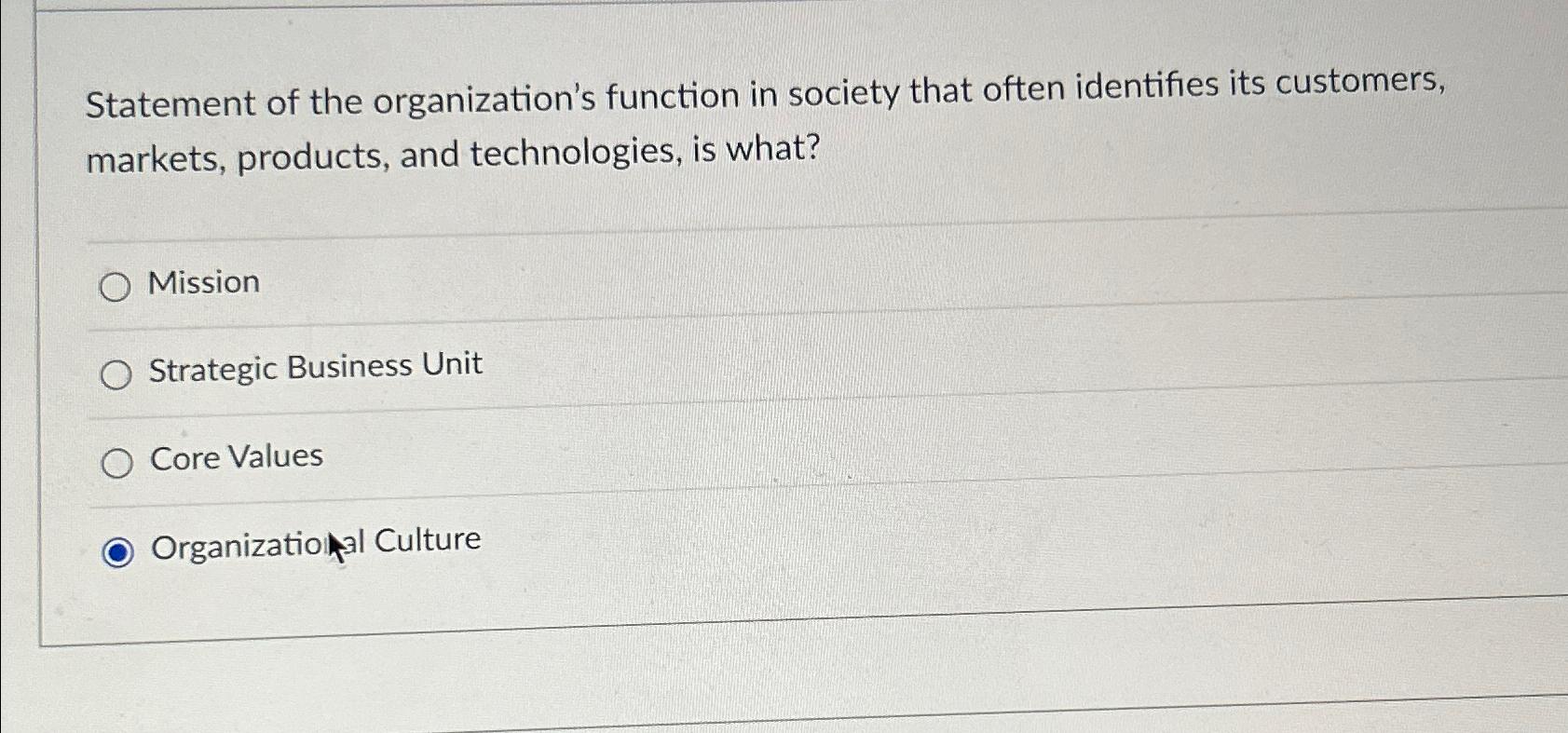 Solved Statement of the organization's function in society | Chegg.com
