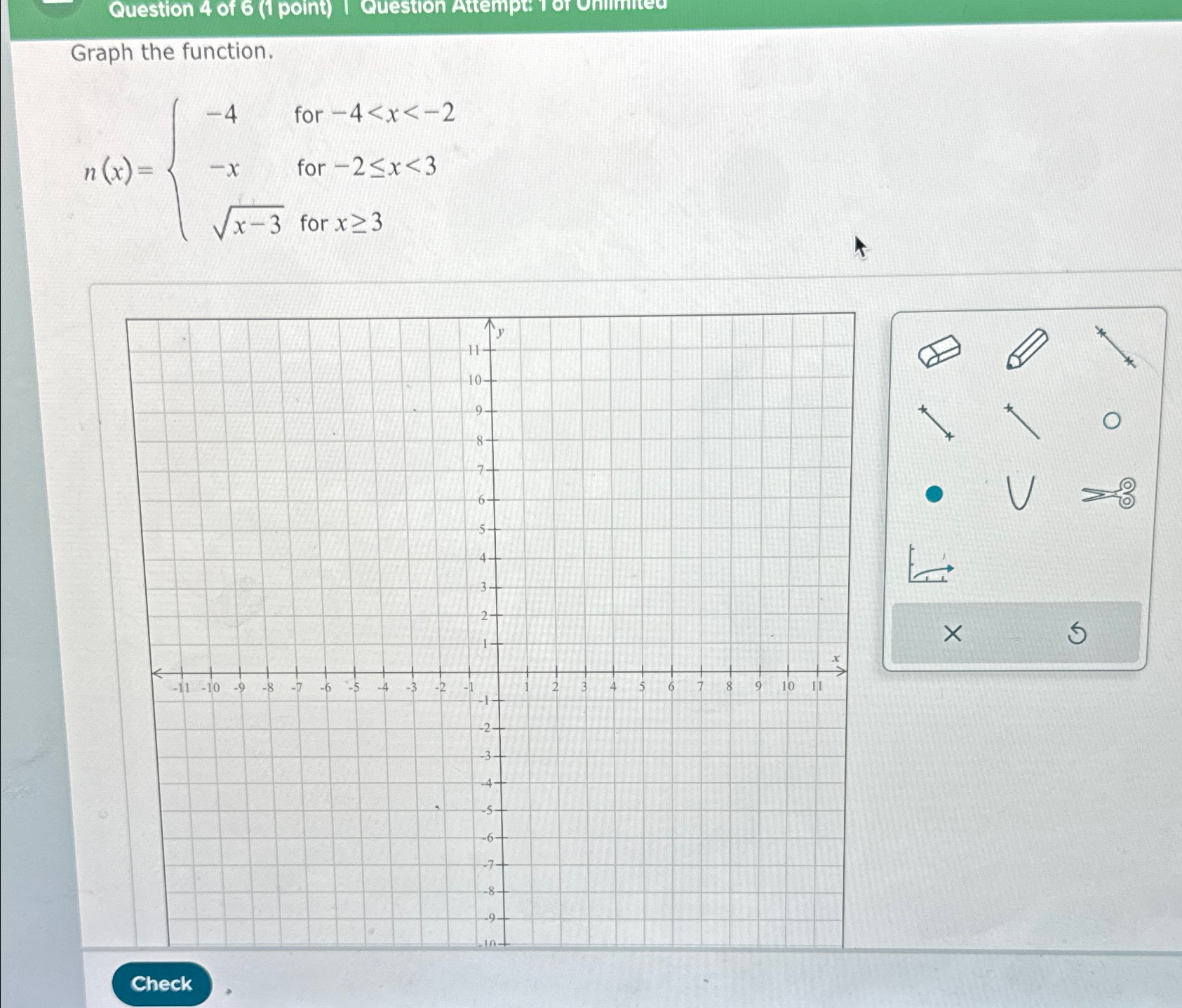 Solved Graph the function.n(x)={-4 for -4=3 | Chegg.com