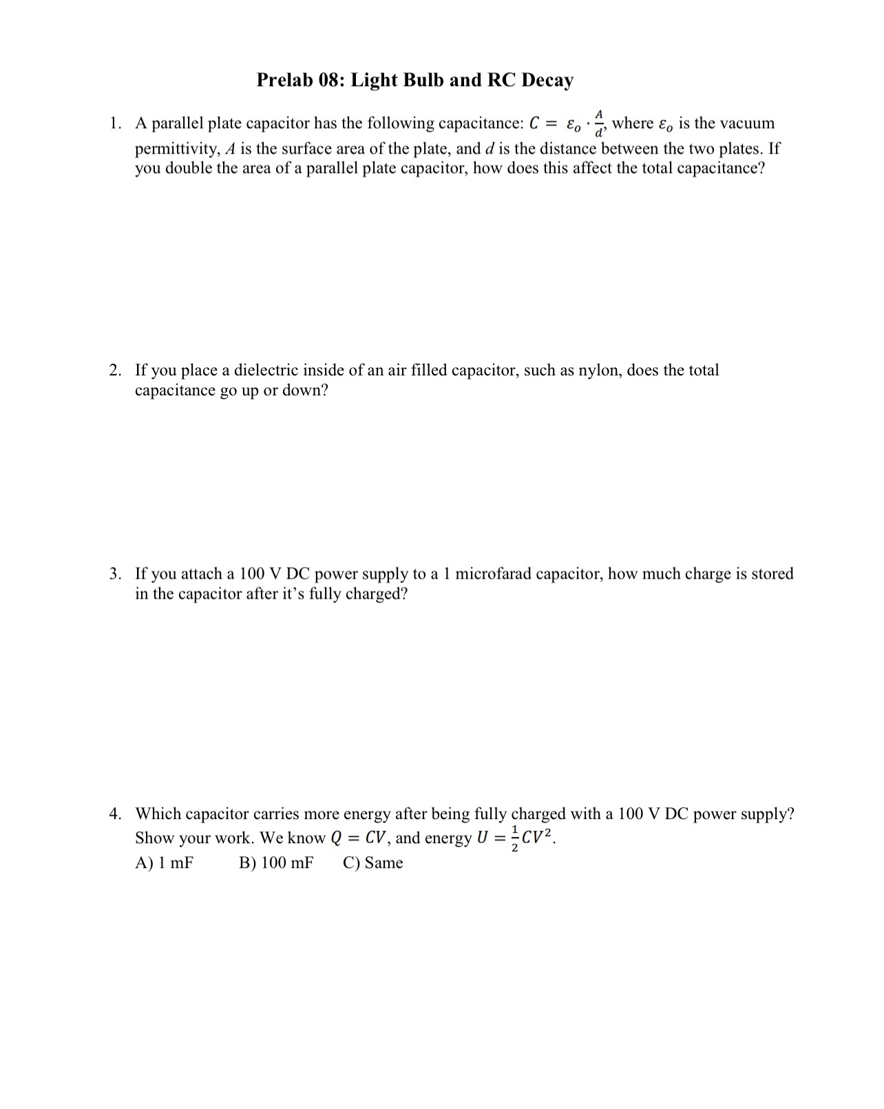 Prelab 08: Light Bulb and RC DecayA parallel plate | Chegg.com