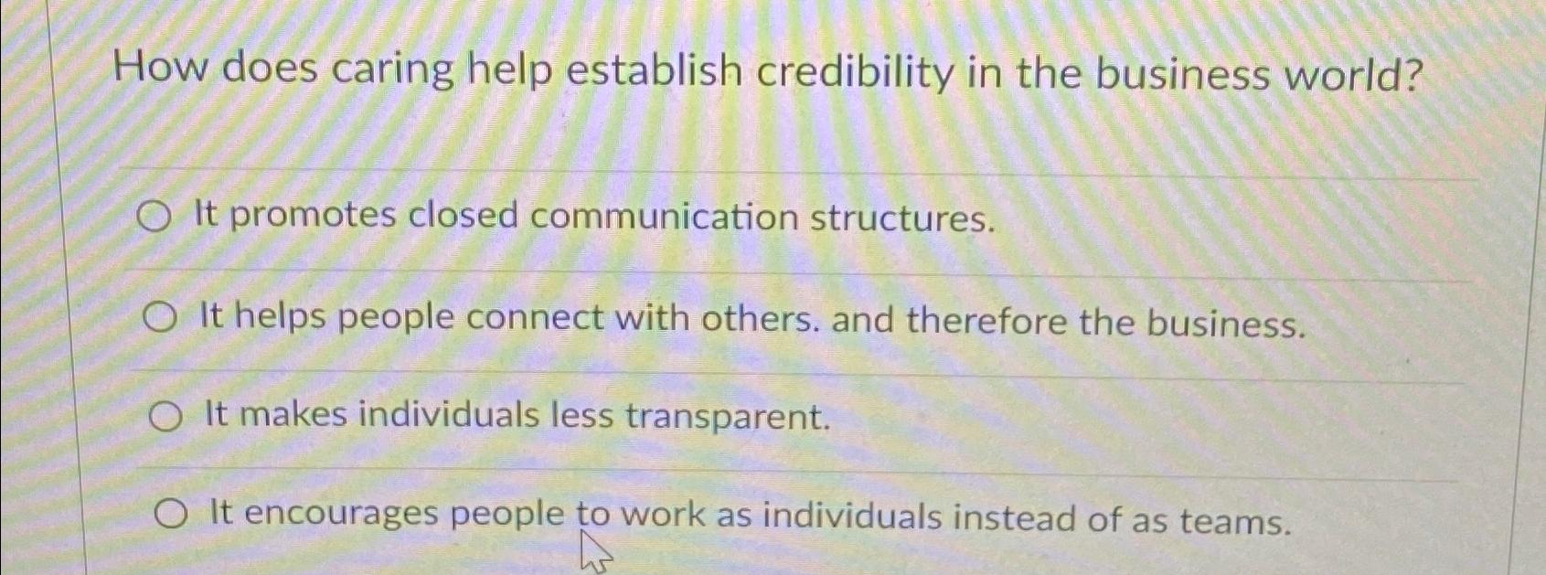 Solved How does caring help establish credibility in the | Chegg.com