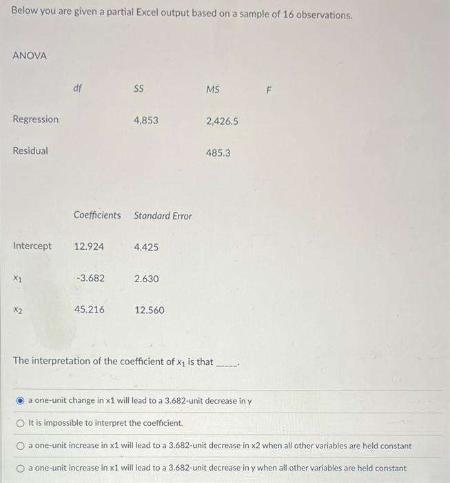 Solved Below you are given a partial Excel output based on a | Chegg.com
