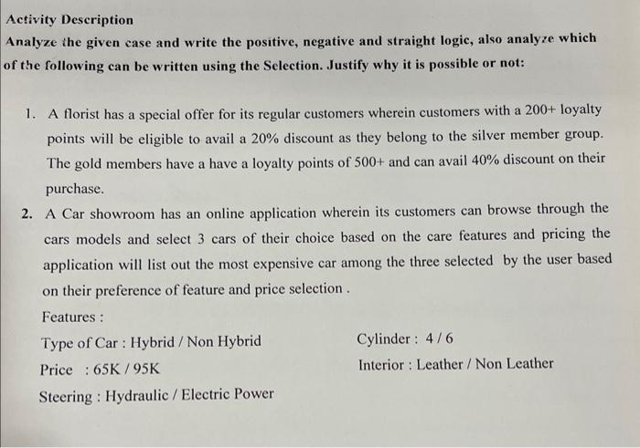 Solved Activity Description Analyze the given case and write | Chegg.com