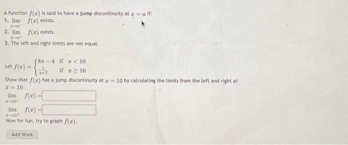 Solved A function f(x) is said to have a jump discontinuity | Chegg.com
